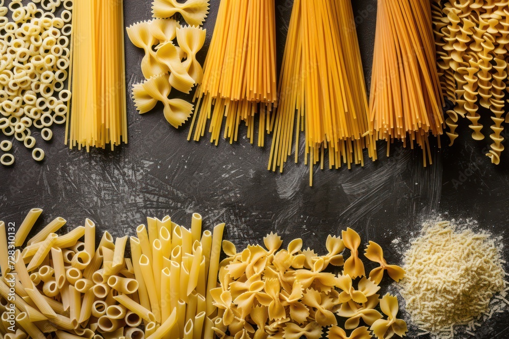 Layout of Italian raw pasta, top view, different types and shapes of ...