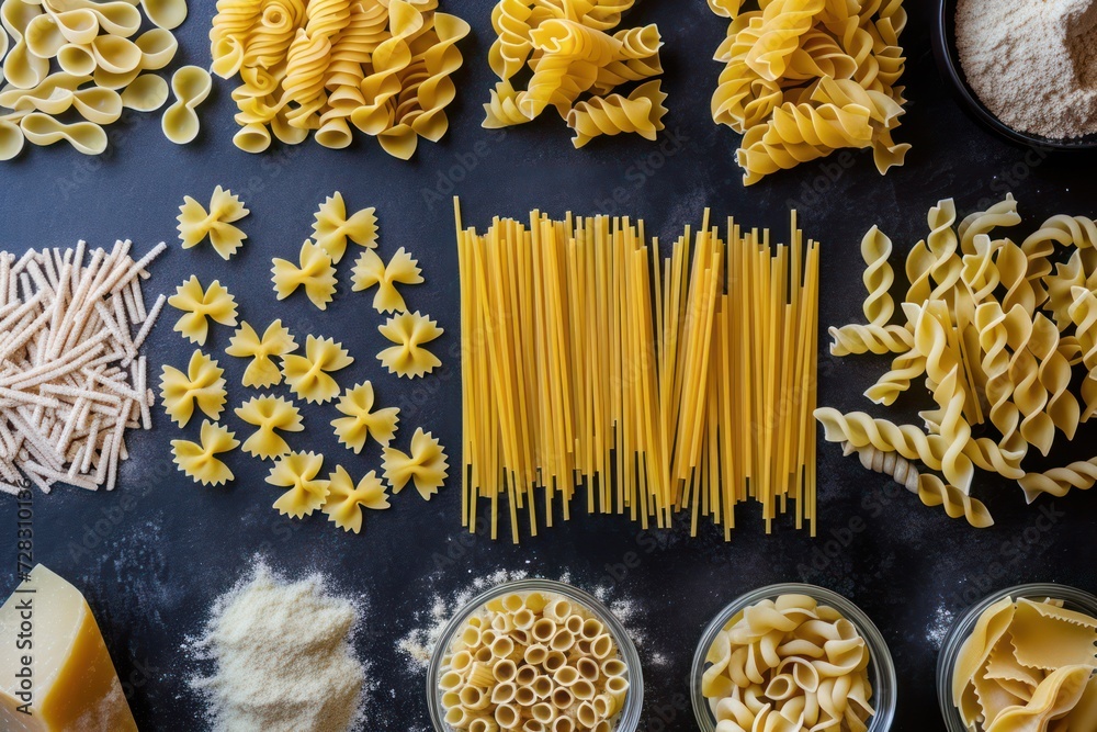 Layout of Italian raw pasta, top view, different types and shapes of ...