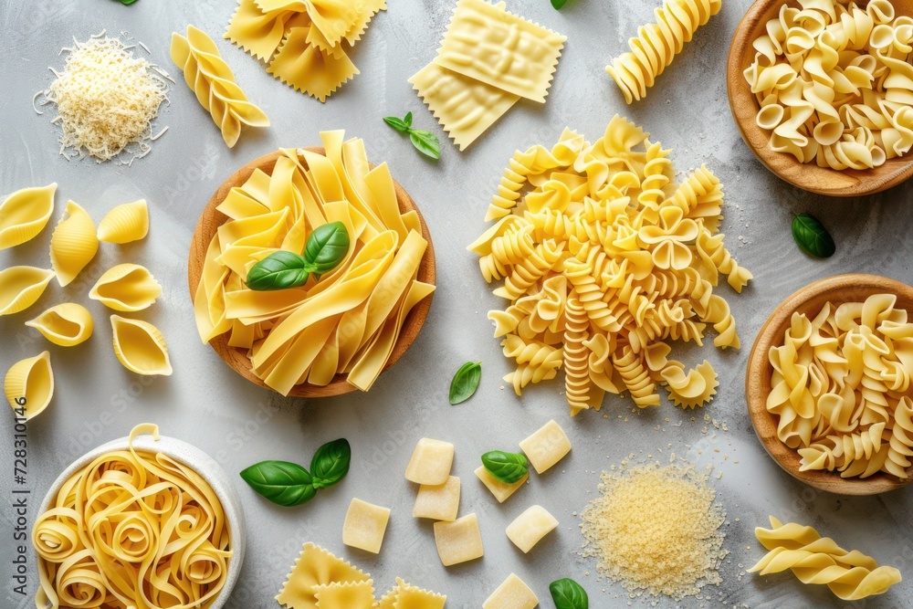 Layout of Italian raw pasta, top view, different types and shapes of ...