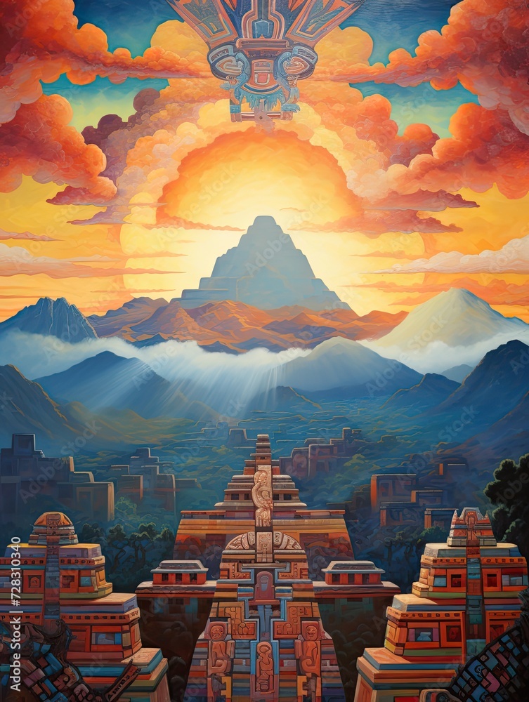 Sunrise Over Tenochtitlan: Ancient Aztec Murals at Dawn Stock ...