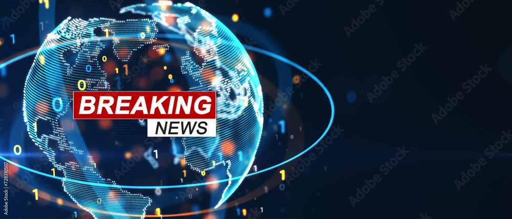 Wide format Breaking News live broadcast graphic on digital world map ...