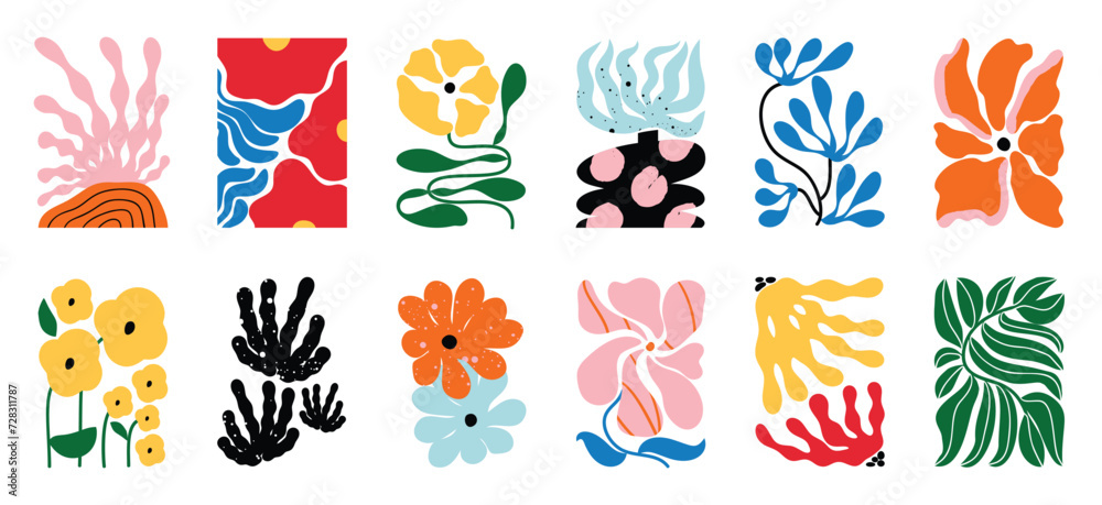 Floral doodle background vector set. Flower and leaves abstract shape ...