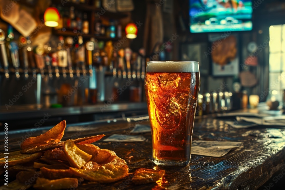 An inviting scene of indulgence as a crisp pint of beer and a savory ...