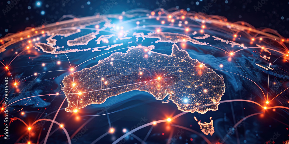 Blue abstract digital map of Australia with lines and dots. Suitable ...