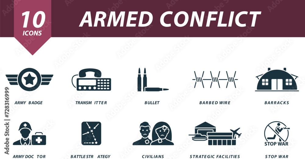 Armed conflict icon set. Creative icons: army badge, transmitter ...