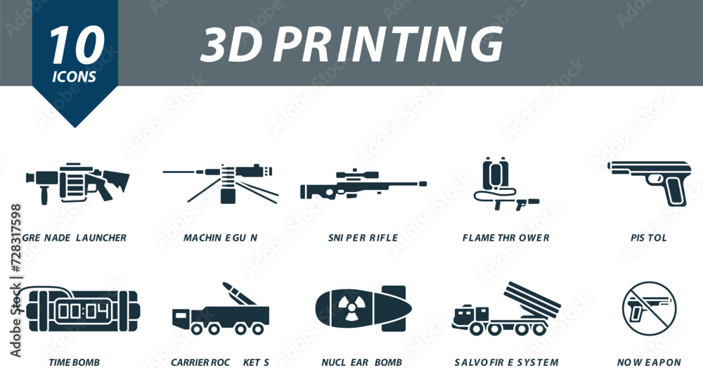 3d printing set. Creative icons: grenade launcher, machine gun, sniper ...