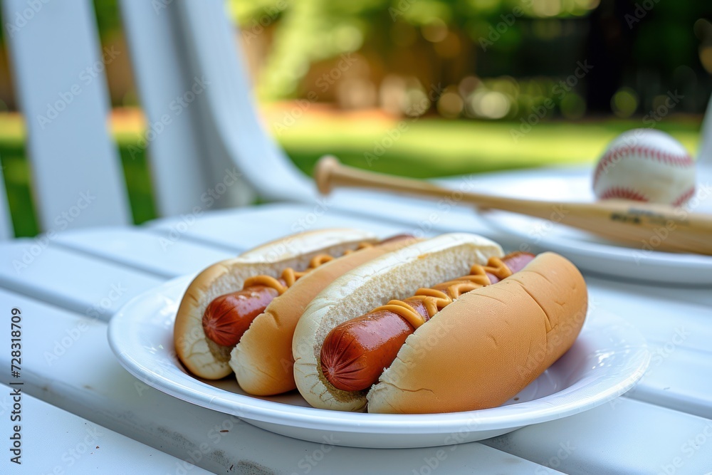 This is a photograph of three hot dogs on a white plate on a white ...