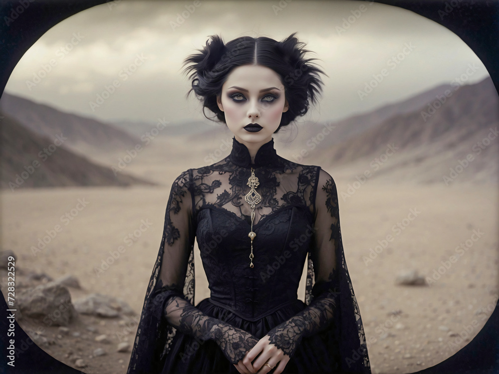 A captivating portrayal of a glamorous female Goth model exuding dark elegance, merging edgy ...
