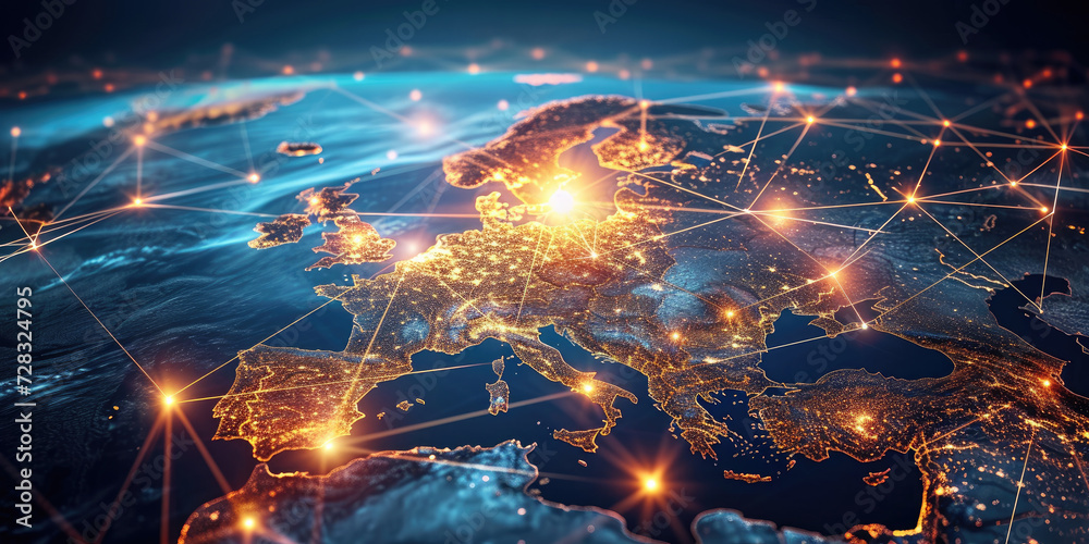 Blue abstract digital map of Europe with lines and dots. Suitable for ...