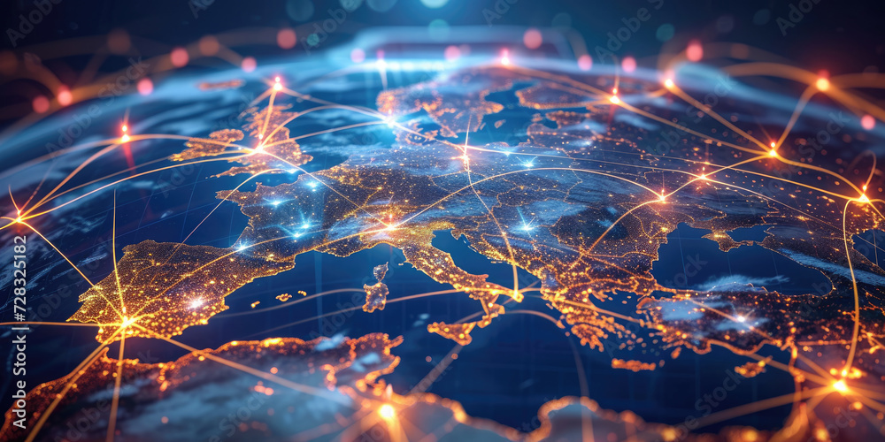 Blue abstract digital map of Europe with lines and dots. Suitable for ...