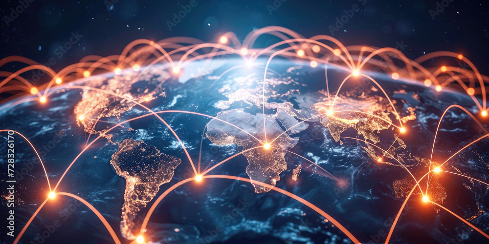 Blue abstract digital map of world map with lines and dots conected ...