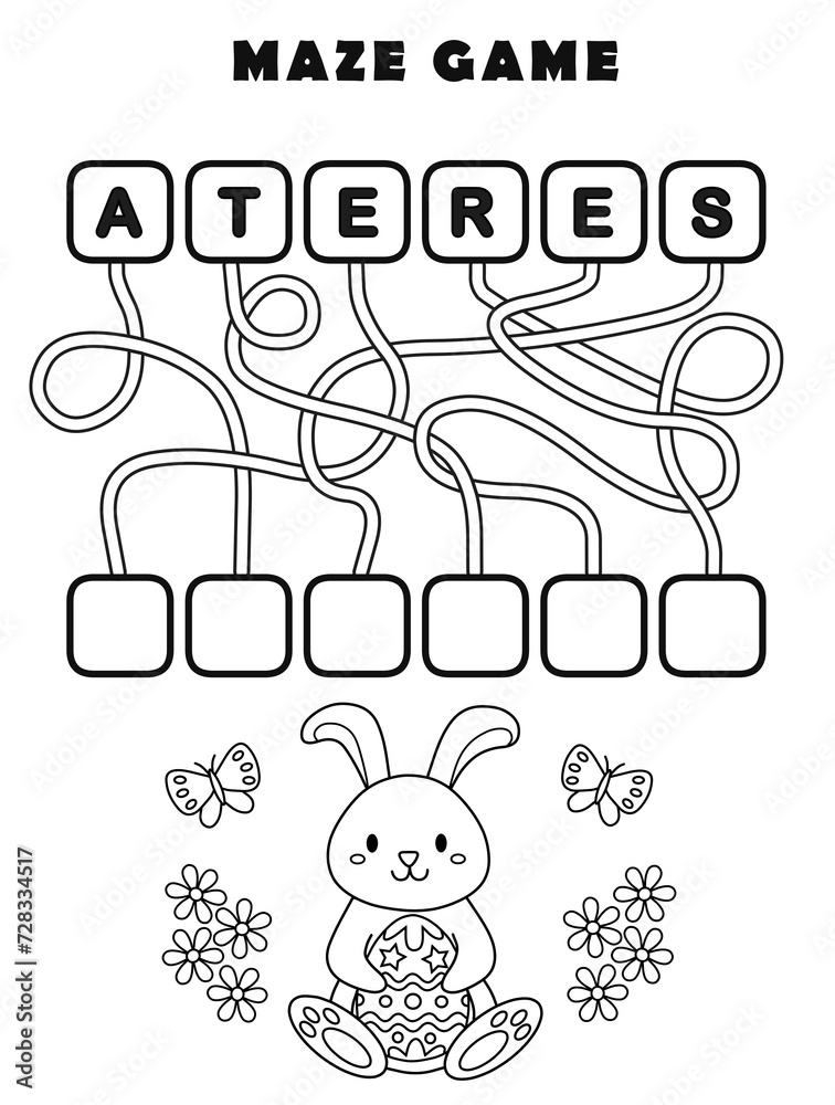 Word maze worksheet for kids with cute easter illustration. Labyrinth ...
