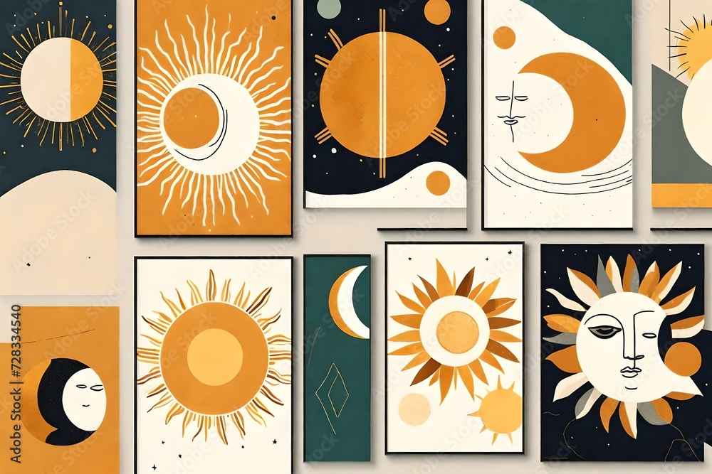 Abstract sun moon poster set. Contemporary minimalist backgrounds ...