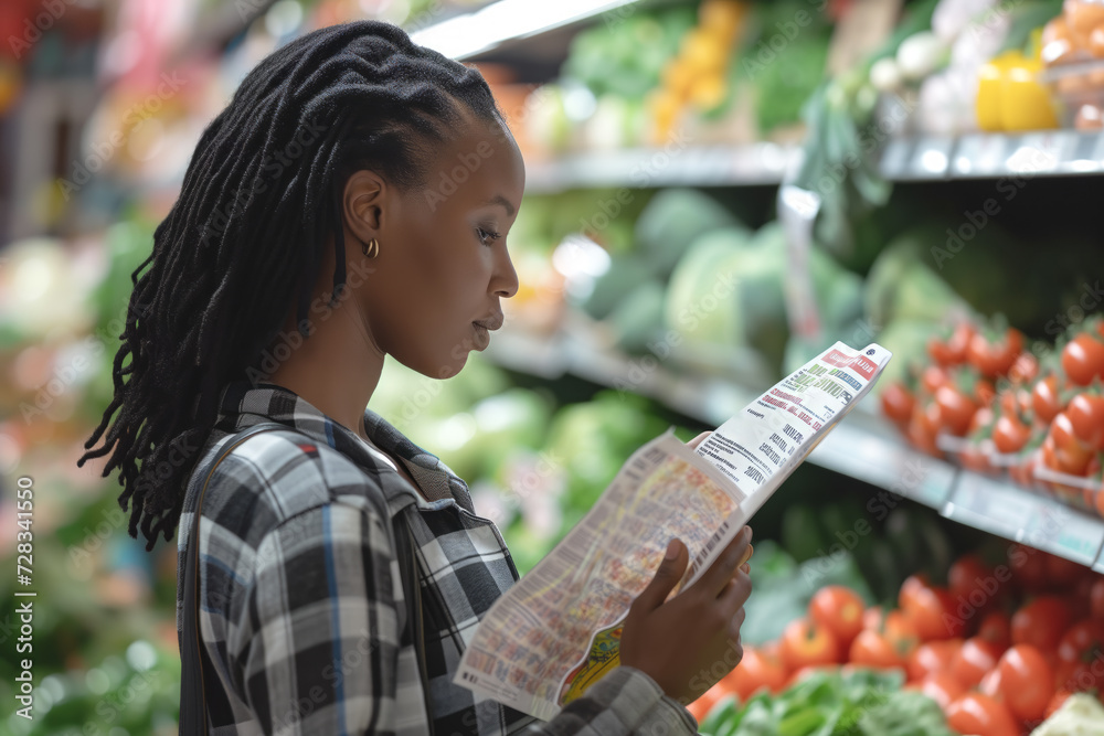 African woman reads labels on package in supermarket. Young woman makes ...