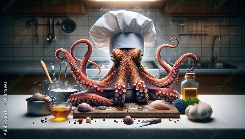 Octopus wearing a chef's hat while preparing a sustainable seafood meal ...