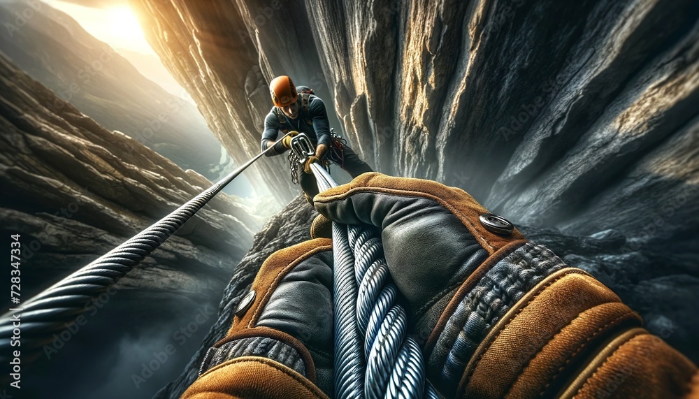 Zooming in on rappelling with a steel rope - Gloves grasp a steel rope ...
