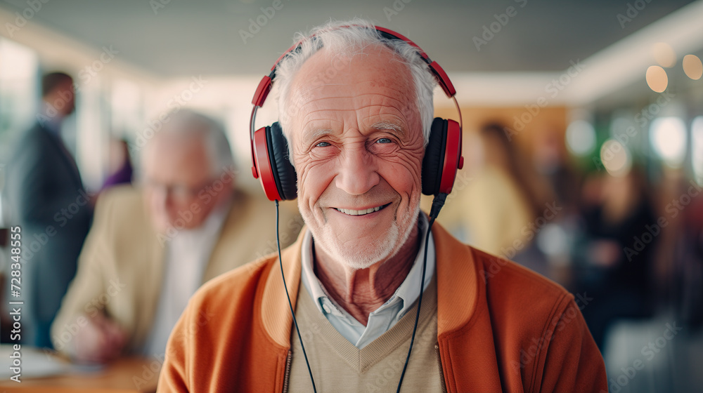 Older man listening to music with headphones, while in the residence ...