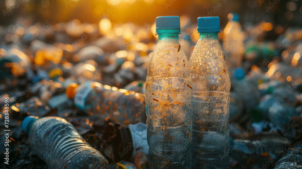 Plenty of plastic bottles in nature forest, garbage pollution of ...