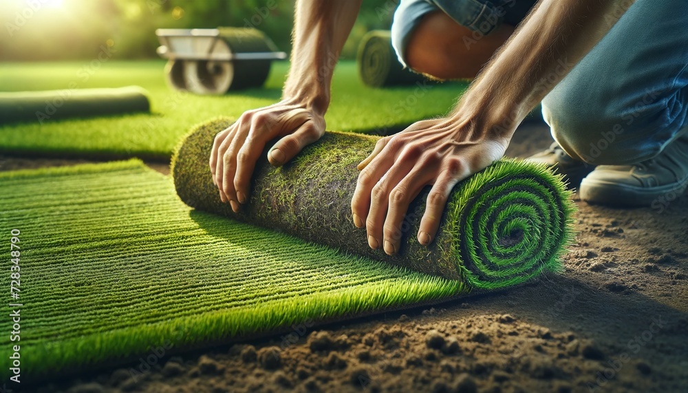 laying sod - Rolls of fresh sod are carefully laid out and pressed down ...