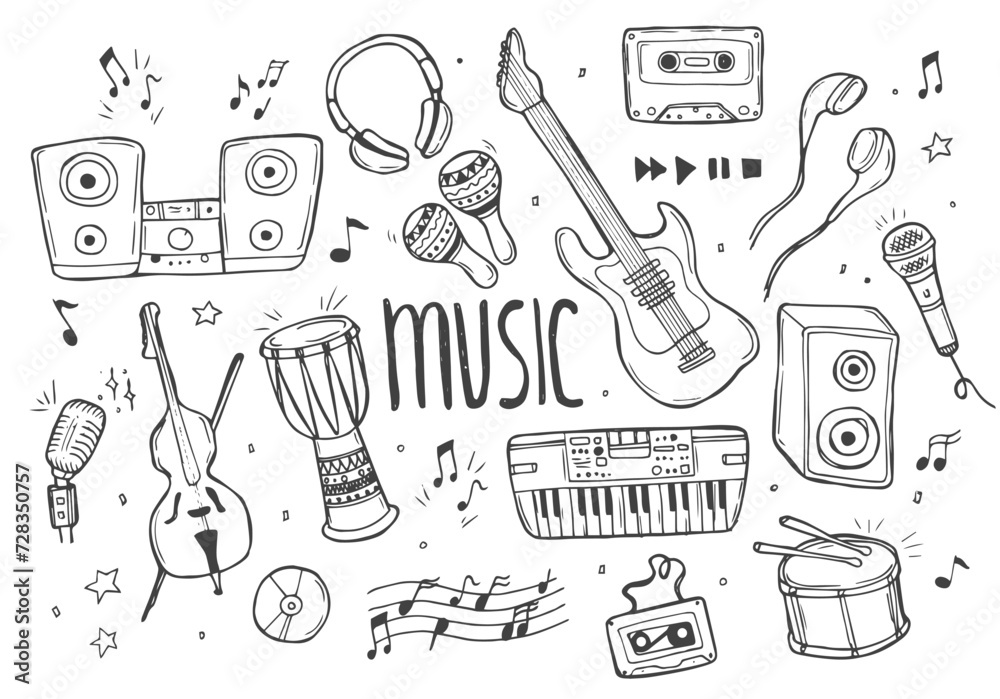 Hand drawn sketch set of music culture doodles, instruments, notes ...