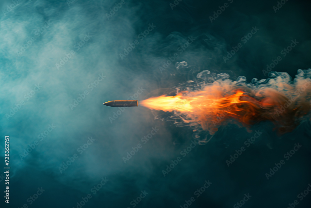 bullet is shot in the air with a glowing flame, slow motion, on blue ...