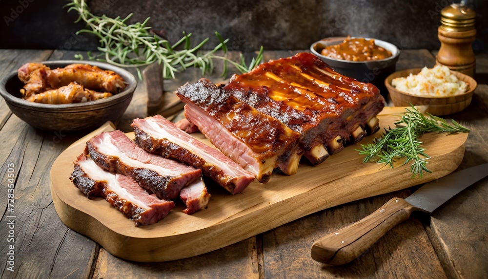 chopping board with smoked beef brisket ribs classic texas bbq Stock ...