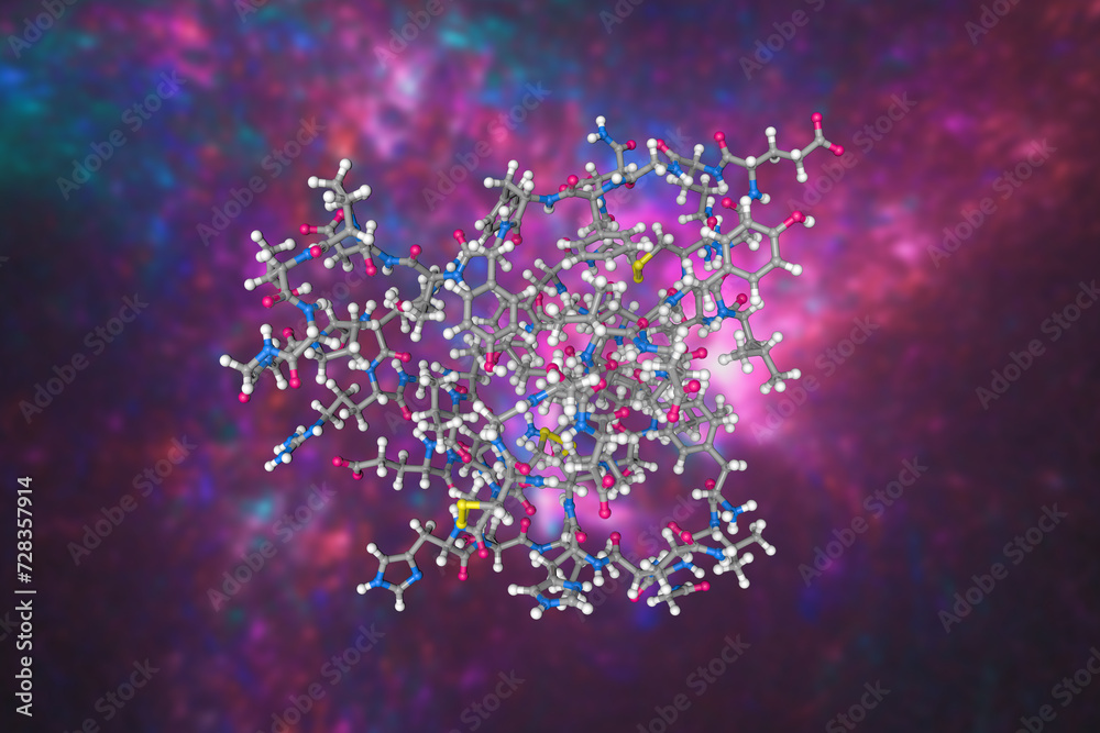 Single-chain insulin. Molecular model. Atoms are shown as spheres with ...
