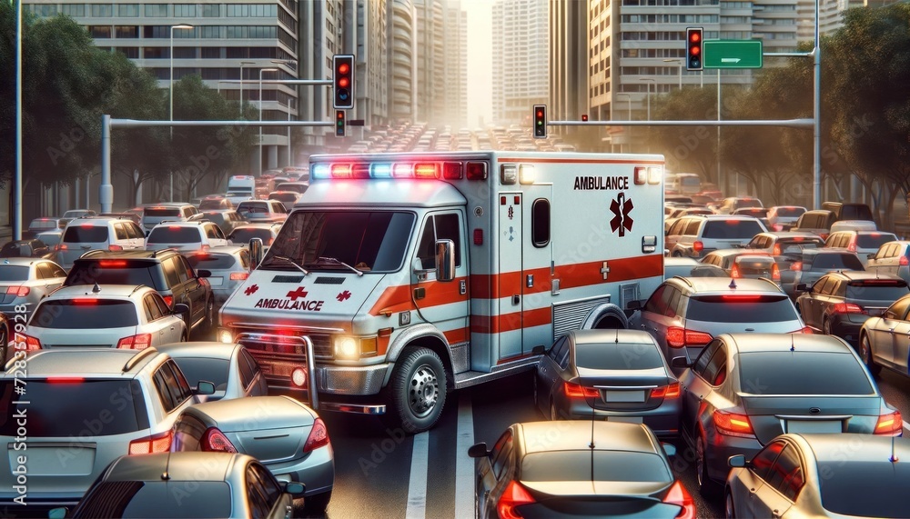 An ambulance with lights flashing is captured in the midst of a traffic ...