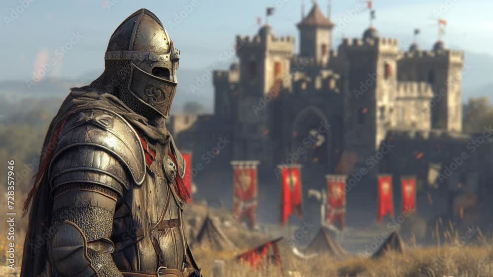 Medieval warrior with castle background. seamless looping 4k time-lapse ...