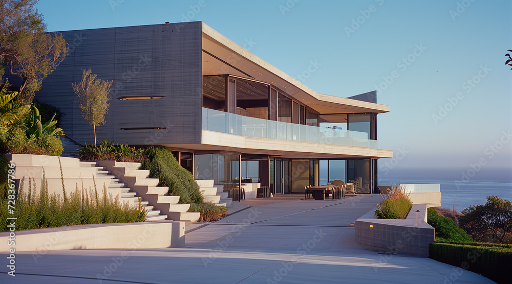 Exterior front view of a large concrete and steel construction mansion ...