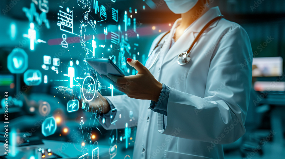 AI Harmony in Global Healthcare: scientist doctors Holographic AI Icons ...