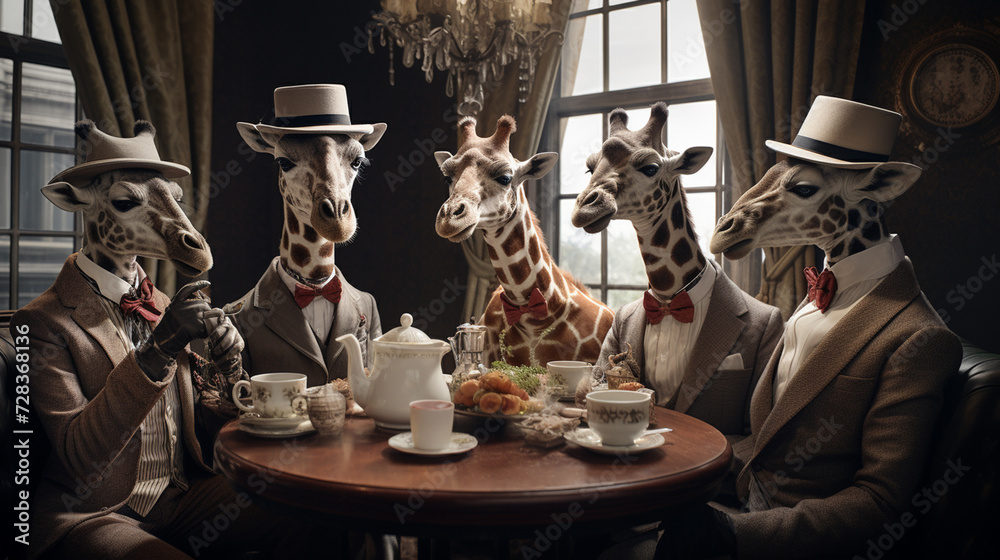 A sophisticated group of giraffes dressed in formal attire, sipping tea ...