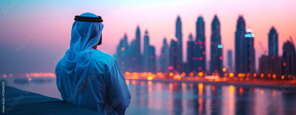 Traditional Arab Man Admiring Dubai City Lights. Rear view of an Arab ...