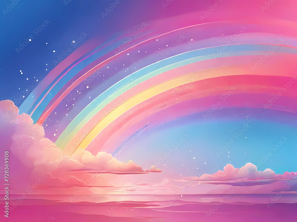 Pastel colourful rainbow over gradient pink blue sky and clouds. Magic ...