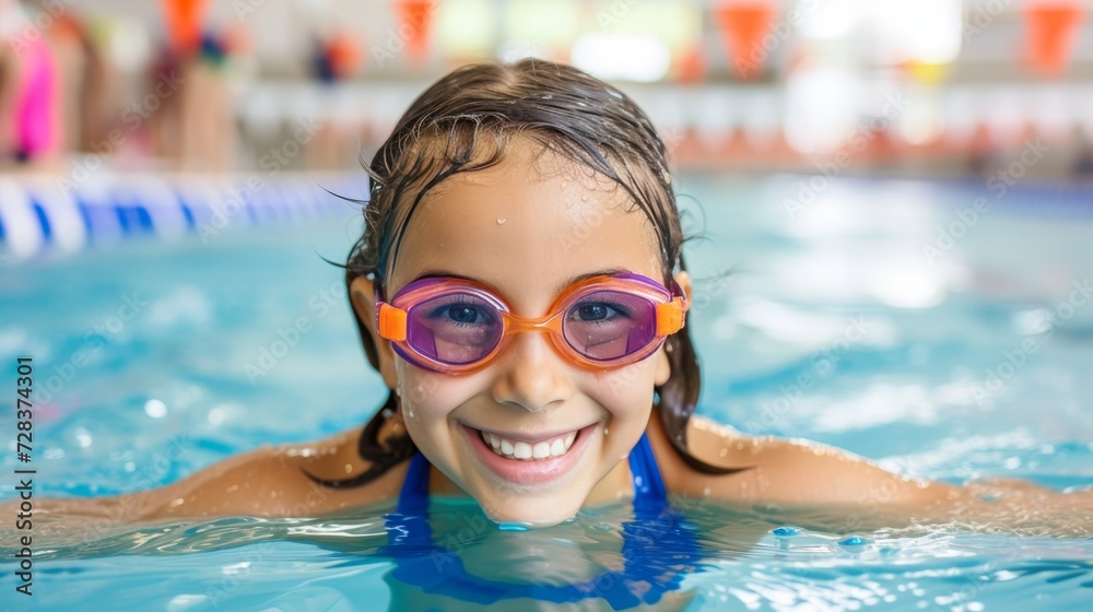 Close up of a young girl swimming in the pool, focused on her swimming ...