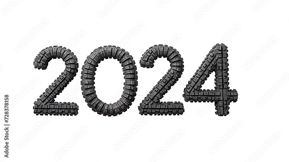 Creative 2024 text design made from interlocking tire treads on a ...