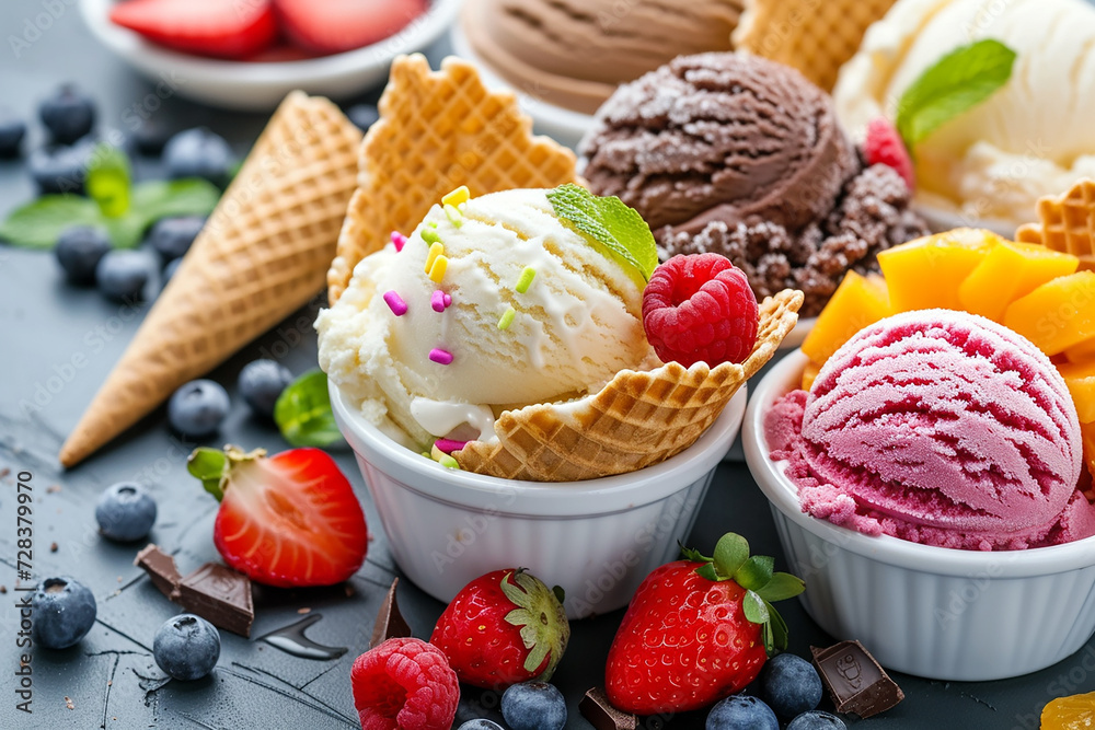 ice cream in pastel colours served in wafers with a variety of fruits ...