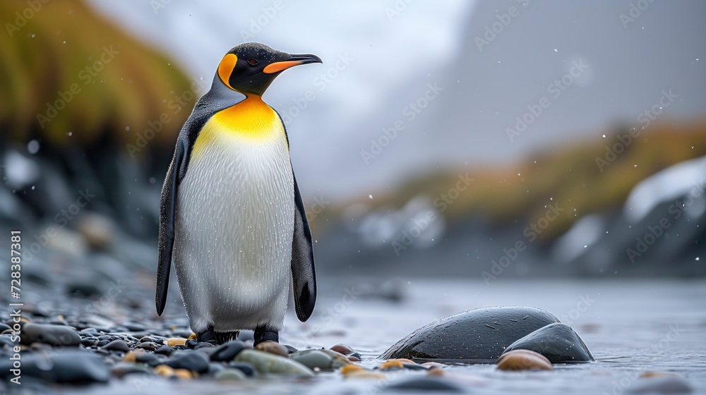 A majestic king penguin stands proudly on rocky terrain, its sleek ...