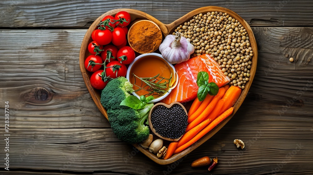 A heart-shaped platter of acai, lentils, soy sauce, ginger, salmon ...