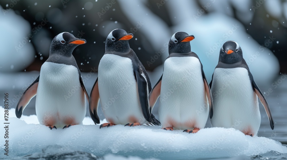 A family of regal penguins huddles together on a snowy ice sheet ...