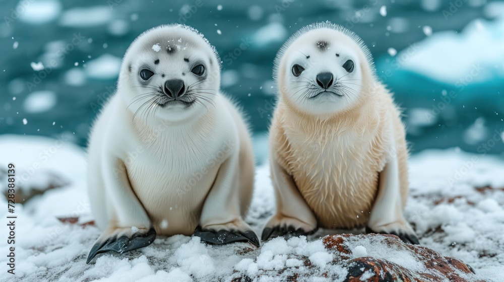 Two polar marine mammals, their snowy fur blending with the winter ...