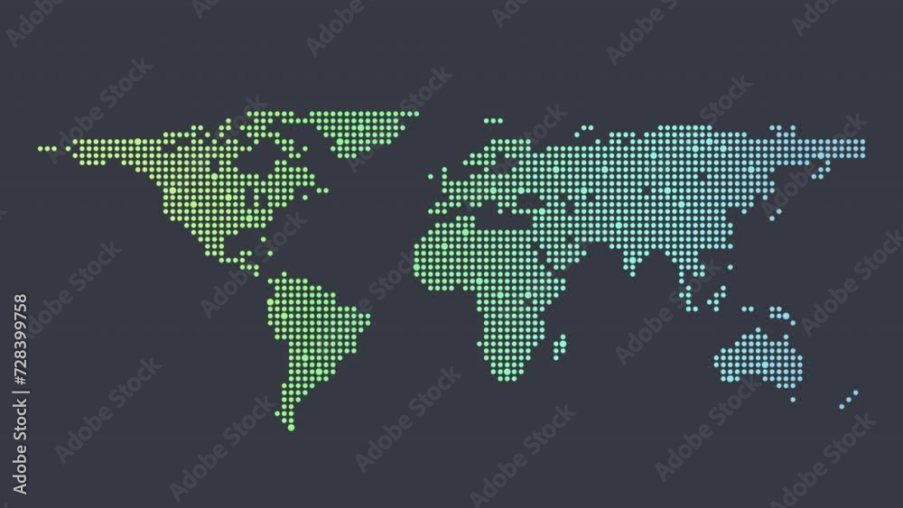 Colorful, abstract map of the world created using a grid of small dots ...