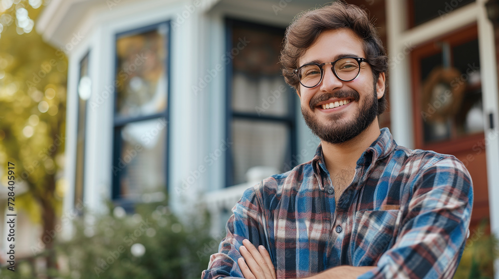 Proud home owner man feeling happy standing in front of his new home ...