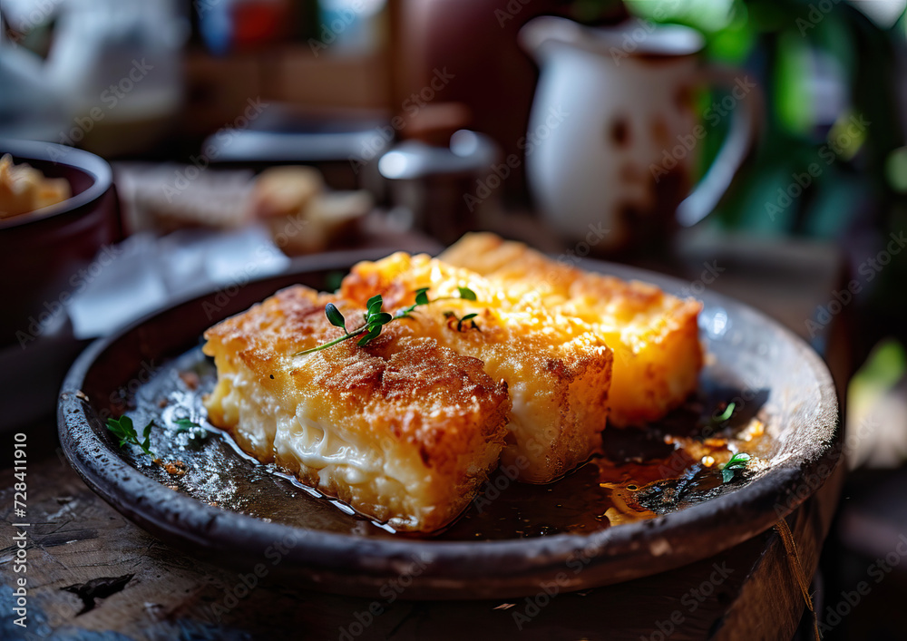 Saganaki Fried Cheese, angle view, ultra realistic food photography ...