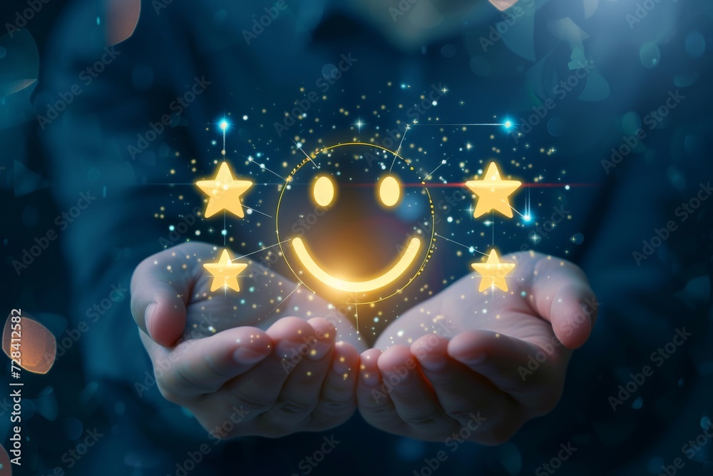 Smiling Emoji supportive Smiley, Vector Design customer database. Star ...