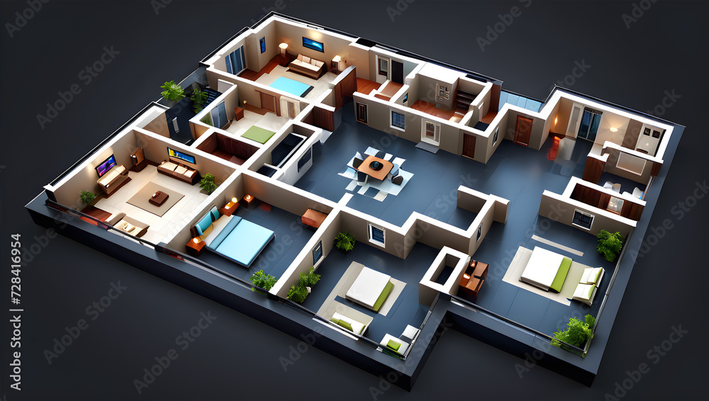 modern interior design, isolated floor plan with black walls, blueprint ...