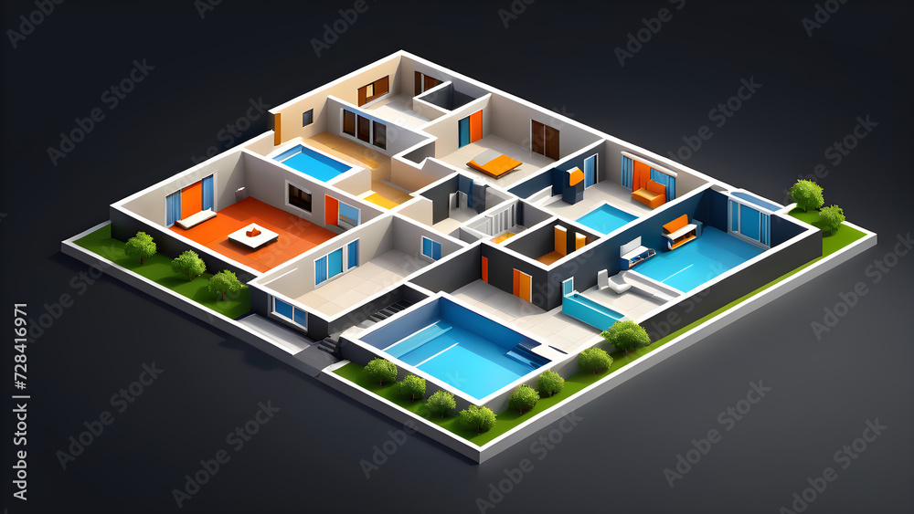 modern interior design, isolated floor plan with black walls, blueprint ...