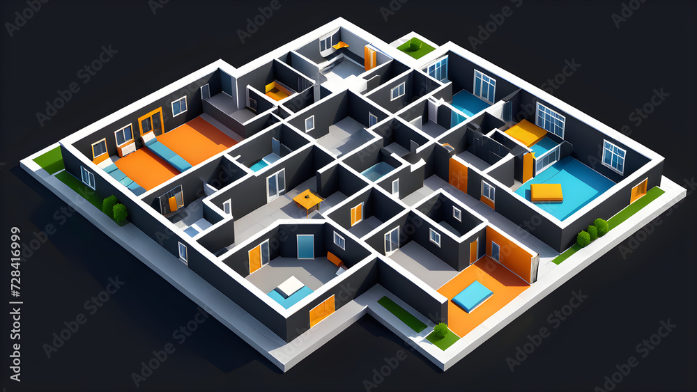 modern interior design, isolated floor plan with black walls, blueprint ...