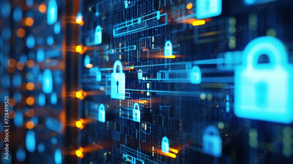 Locked Data Files, screen displaying a series of file icons lock symbol ...