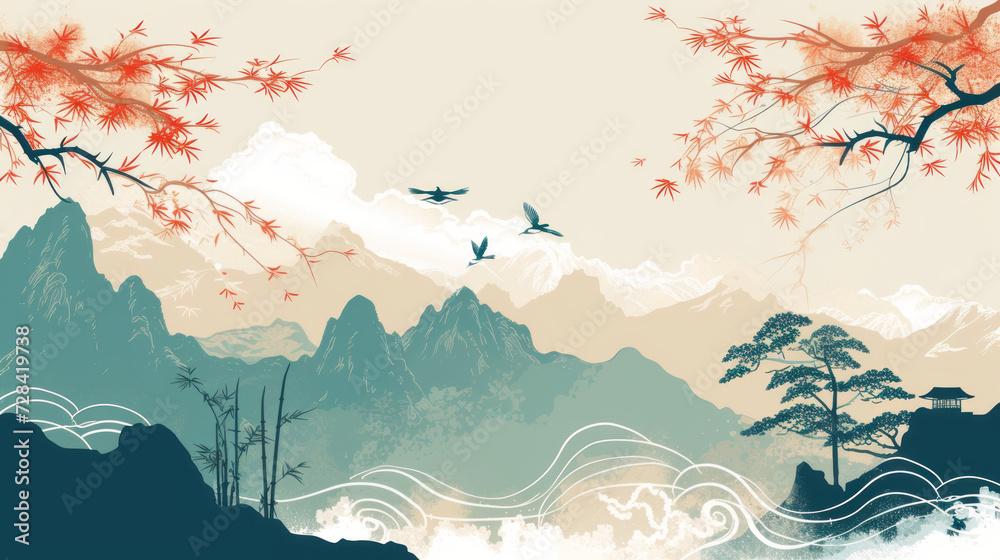 Abstract art landscape with Asian traditional background elements ...